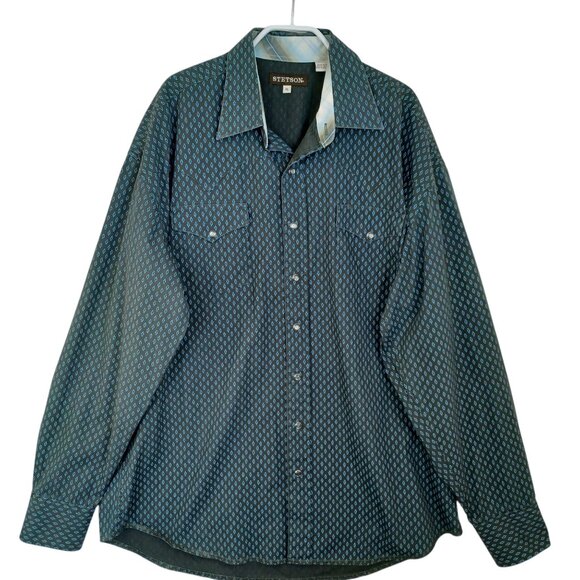 Stetson | Shirts | Stetson Mens Pearl Snap Western Shirt Green Blue Cotton Small Print Size Xl ...